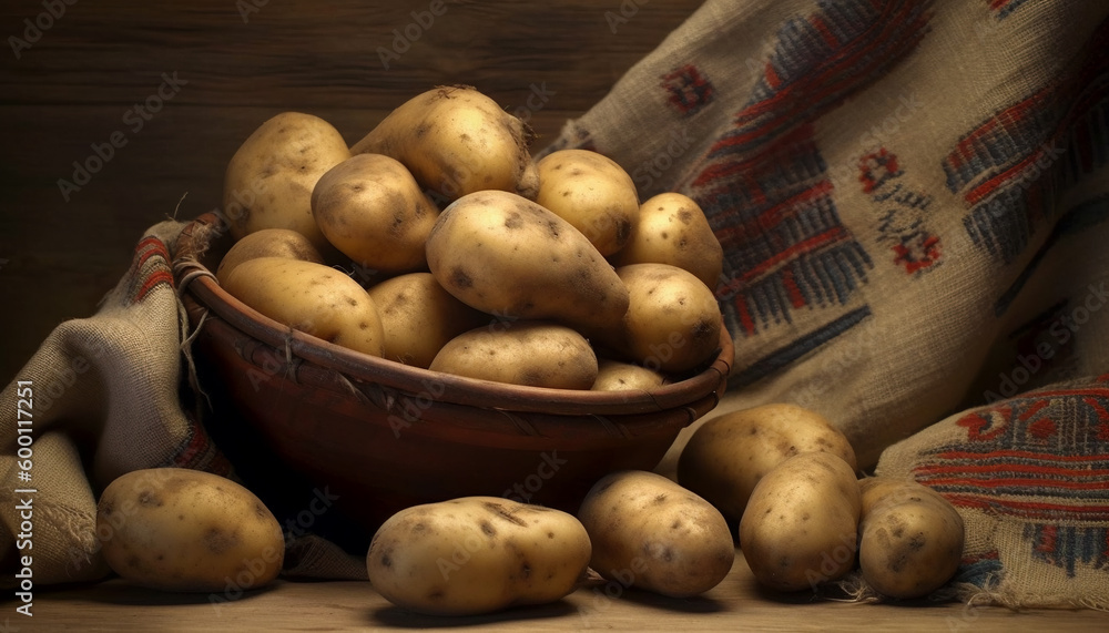Still life of potatoes in a ancient basket together a indigenous indian ...