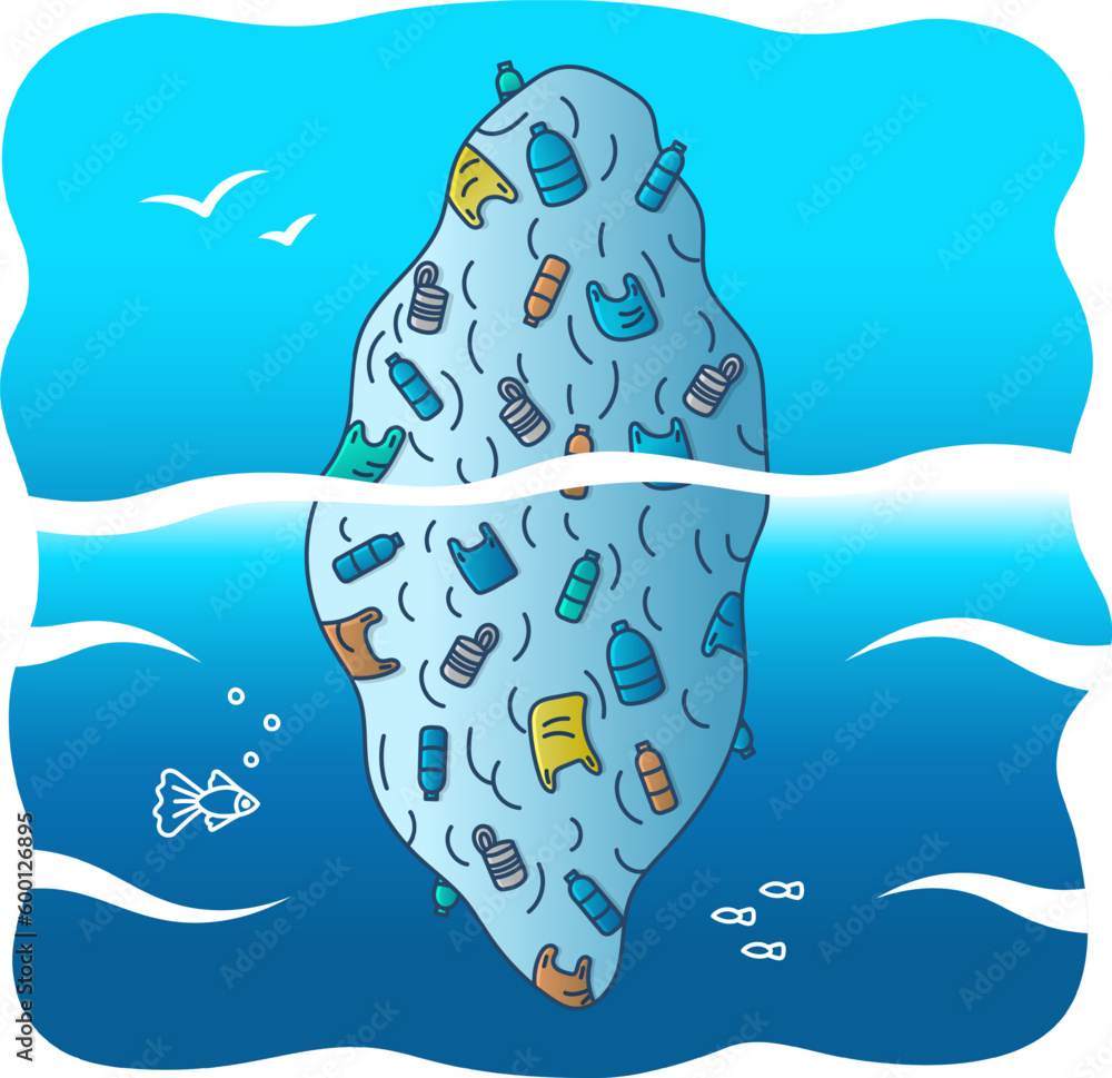 Large pile of garbage floats in the ocean. Scene of nature and water ...