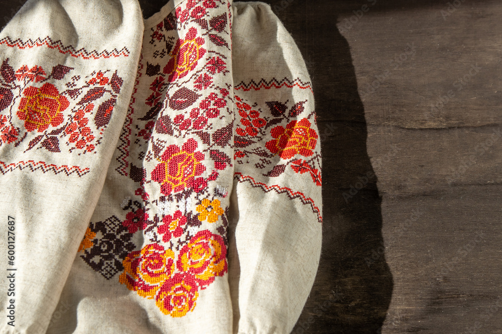 Ukrainian clothes embroidered shirt. Red orange and black threads ...