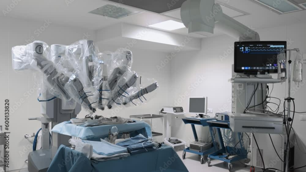 Operating room in modern clinic with robotic surgery equipment. Medical ...