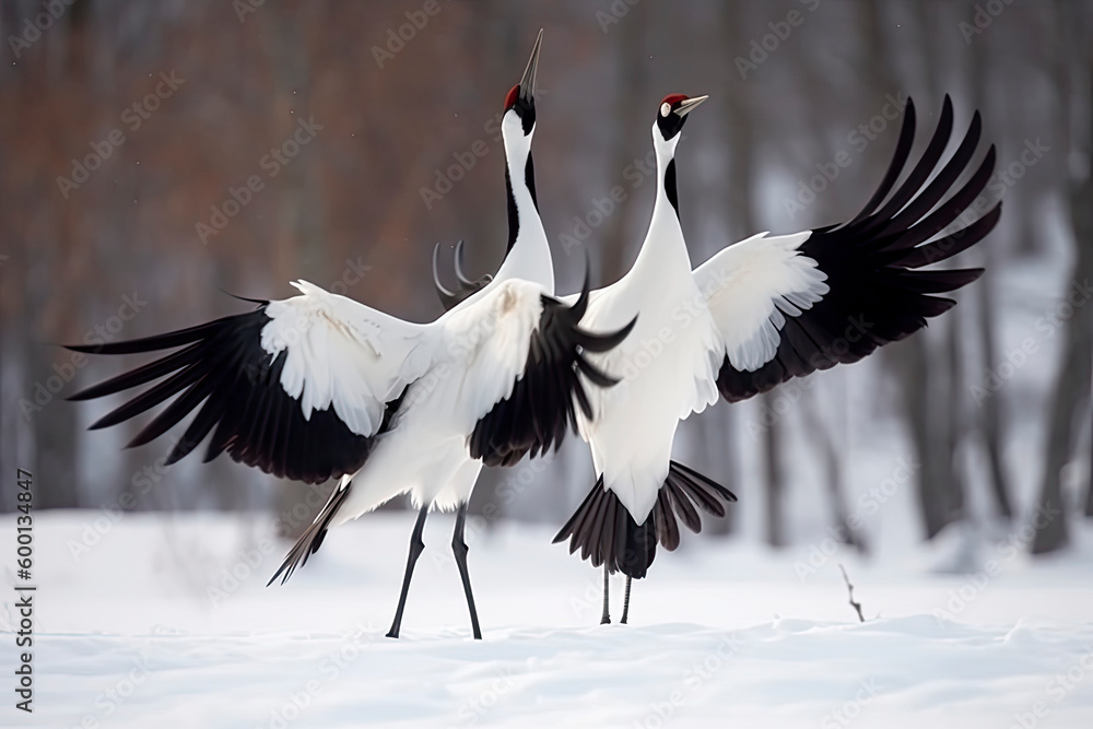 Dancing Cranes. The ritual marriage dance of cranes. The red-crowned ...