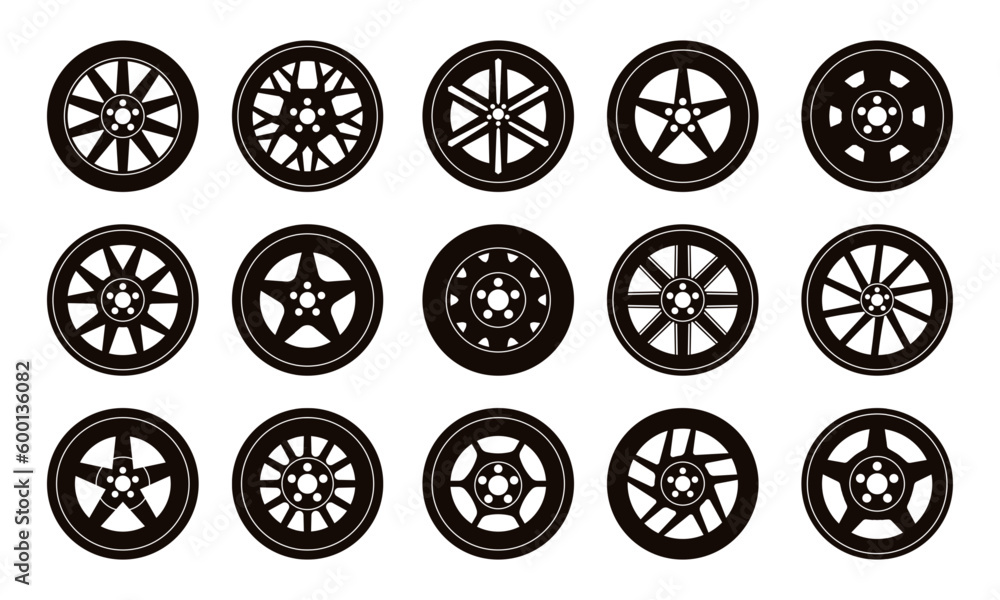 Black car rims. Automobile disc rims silhouette, round vehicle steel ...