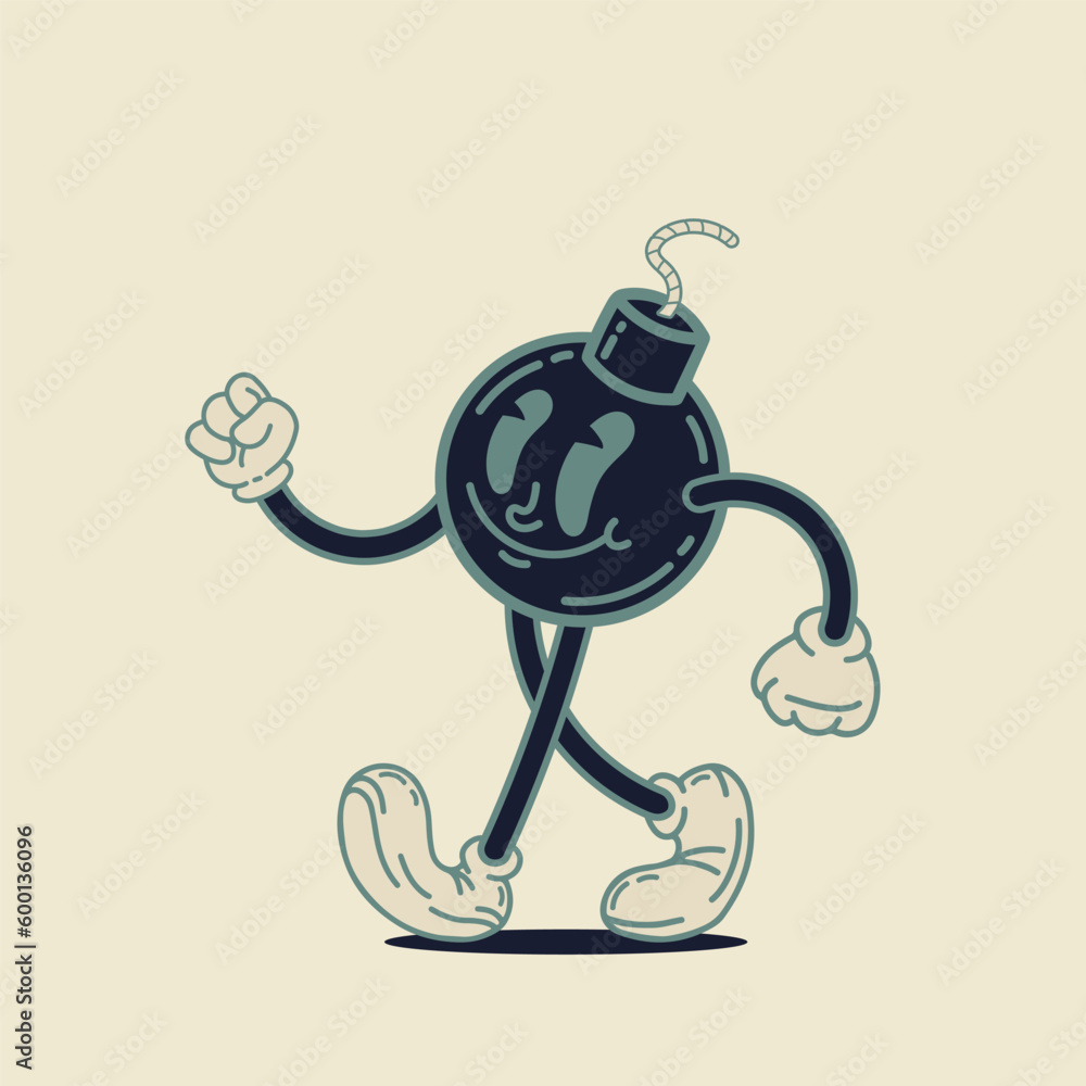 Walking cartoon bomb character mascot. Vector illustration in retro ...