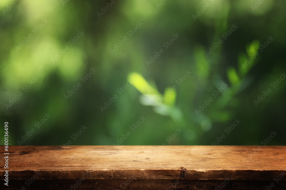 Empty rustic table in front of countryside background. product display ...