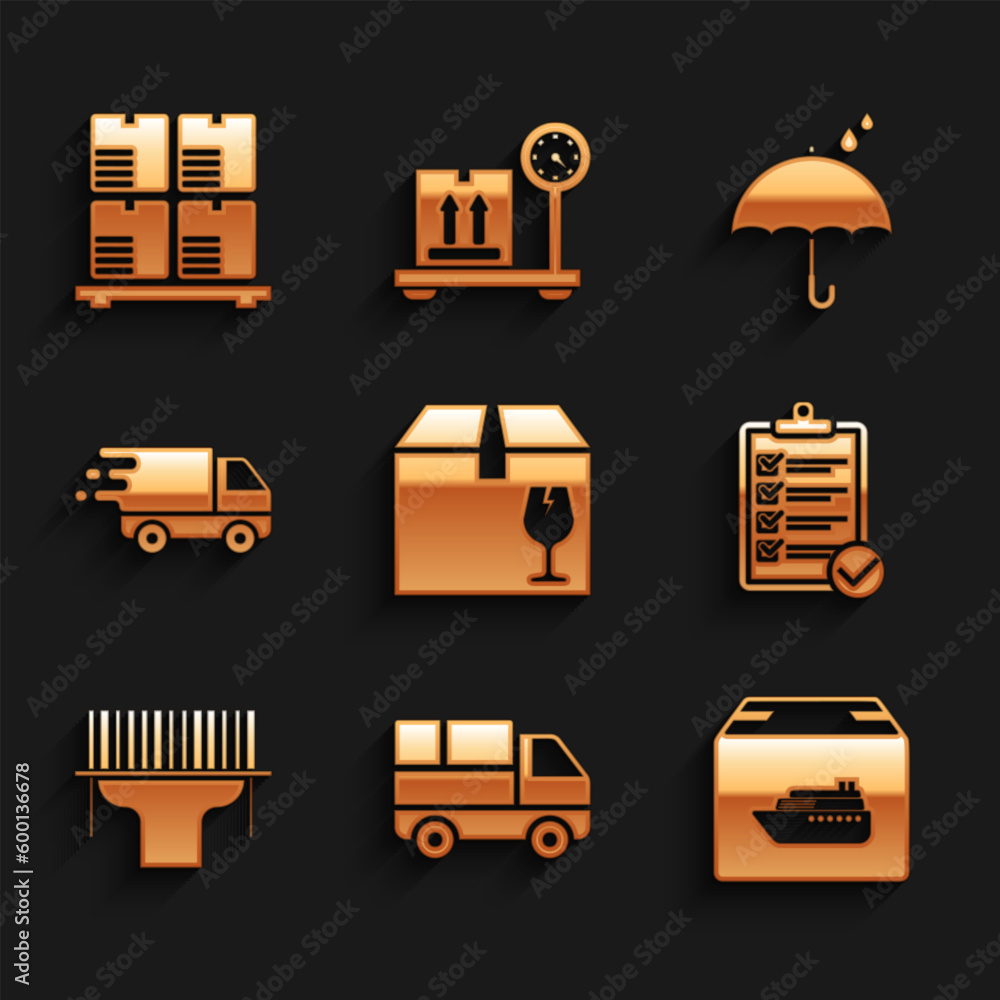 Set Delivery box with fragile content, truck boxes, Cargo ship, Verification of delivery list ...