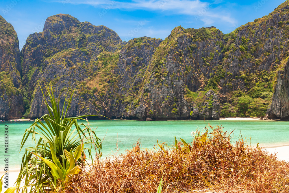 The legendary Maya Bay beach without people where the film "beach" with ...