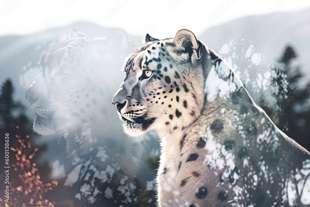 Double exposure of snow Leopard and frozen forest with snowfall and ...