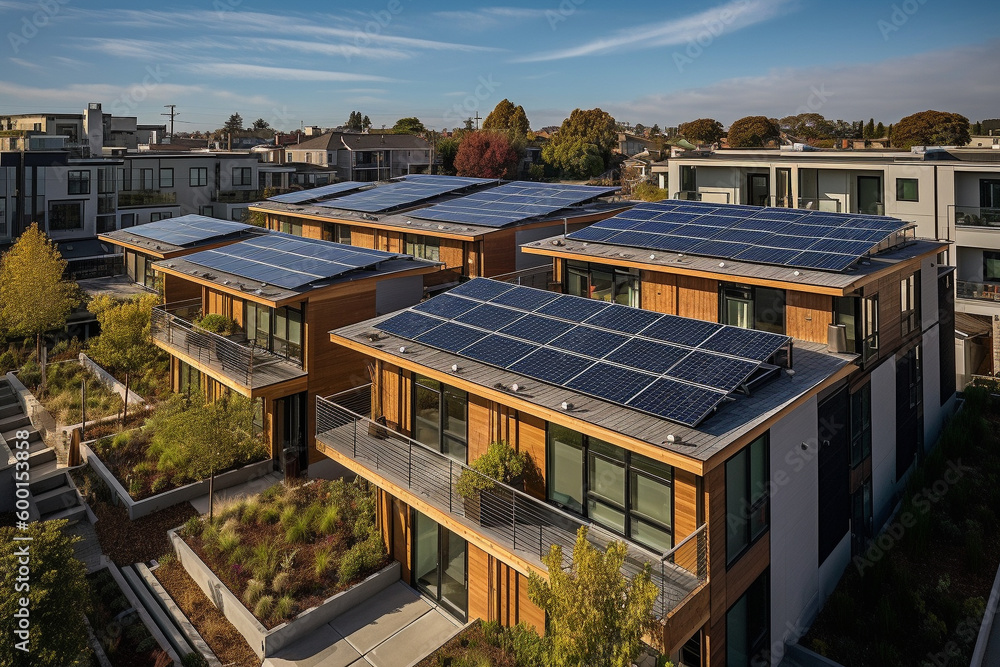Eco friendly neighborhood with solar panels on houses roofs. AI ...
