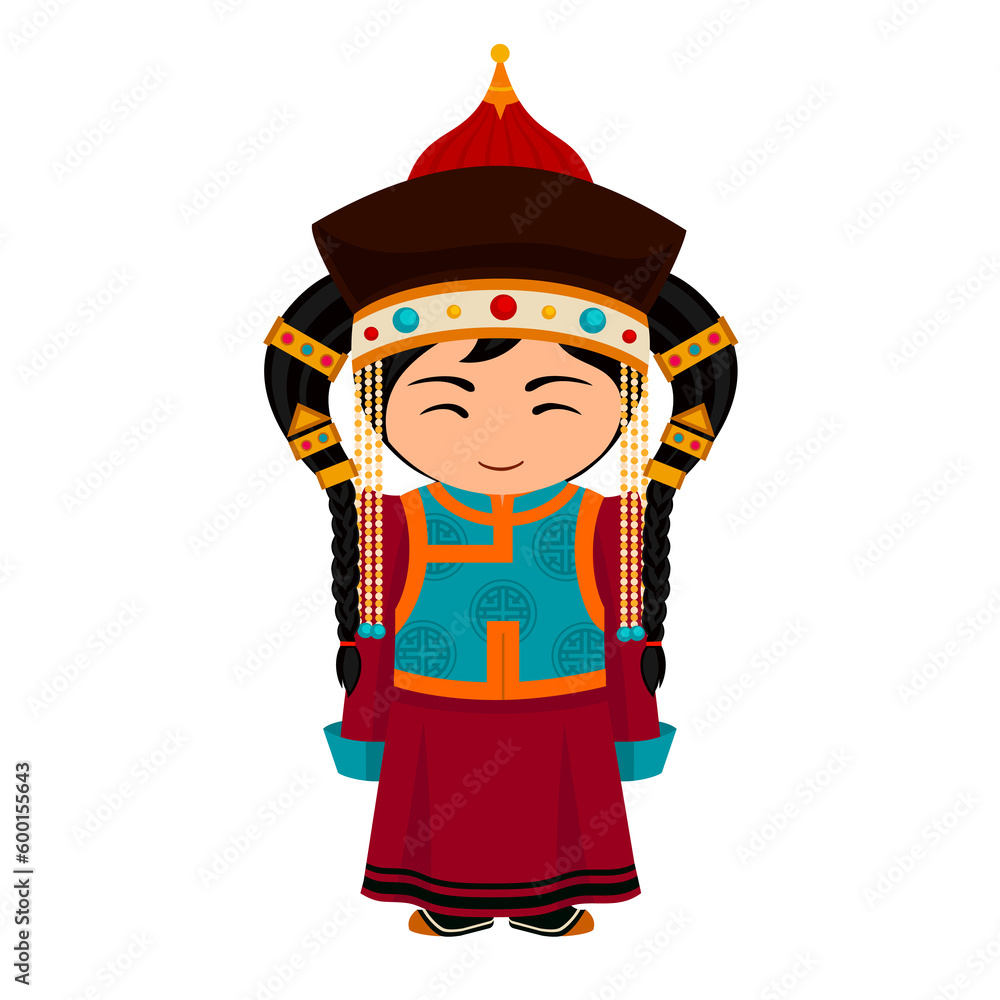 Woman in Mongolia national costume. Female cartoon character in ...