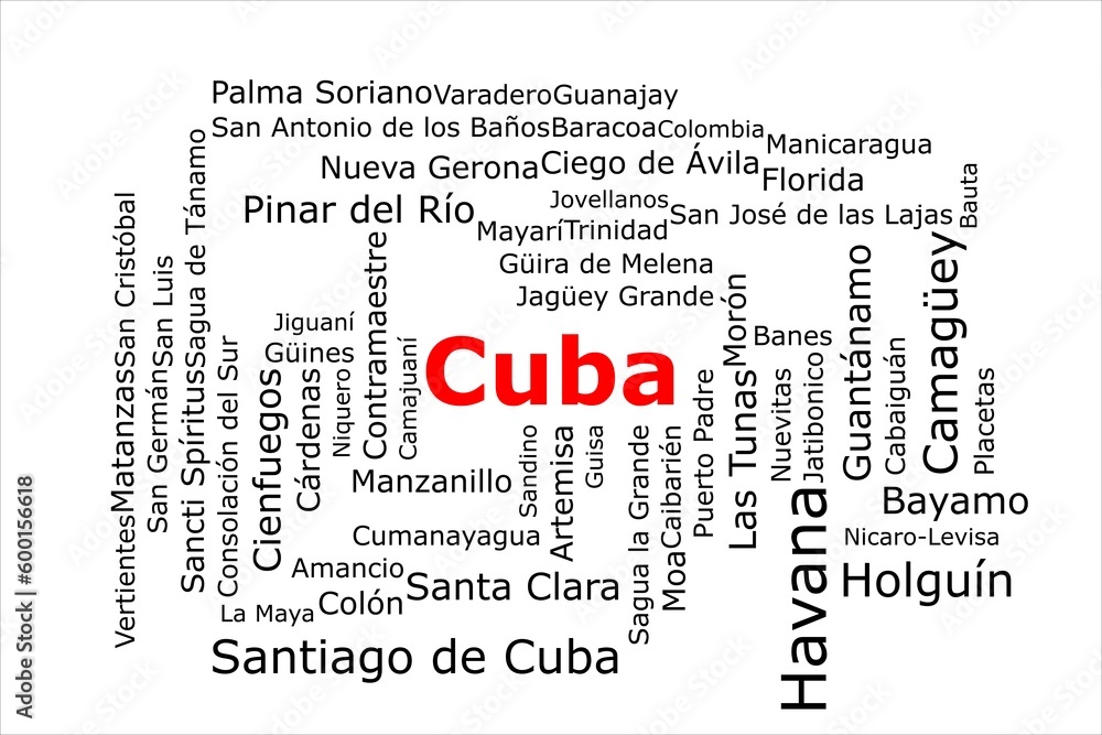 Tagcloud of the most populous cities in Cuba. The title is red and all ...