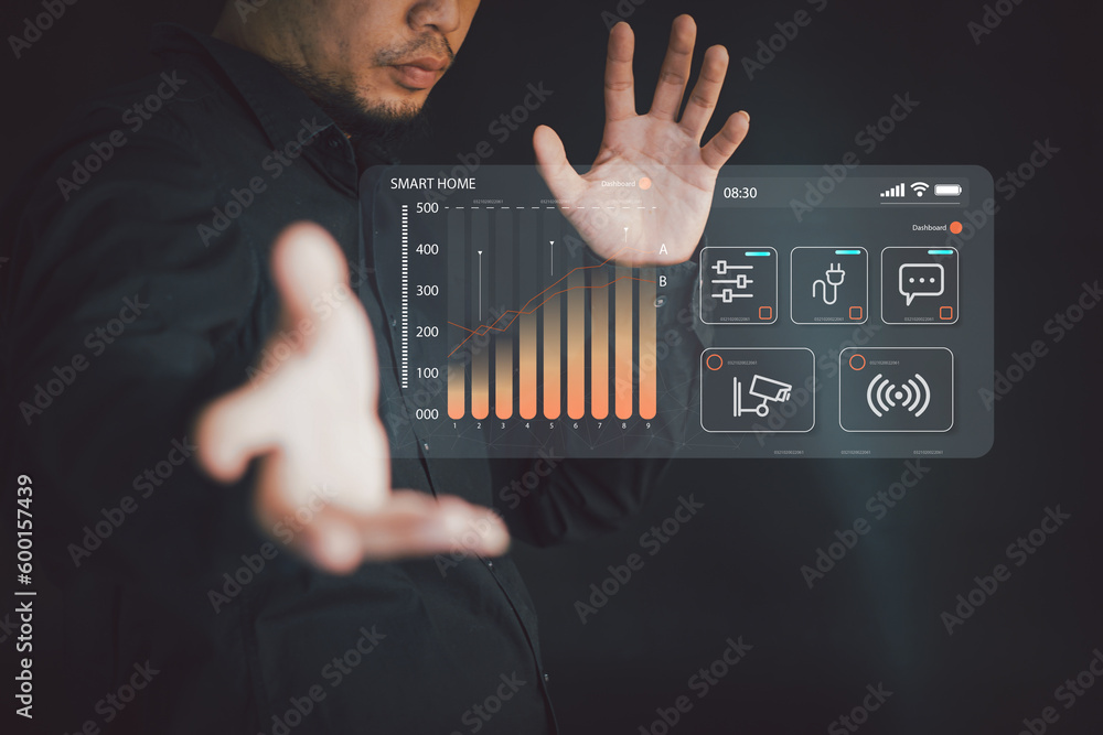 Smart remote home control system app. Living room interior in ...