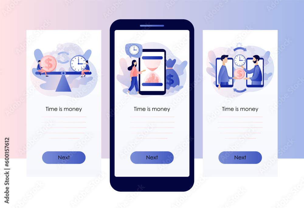 Time is money. Business concept. Time management. Tiny people exchange ...