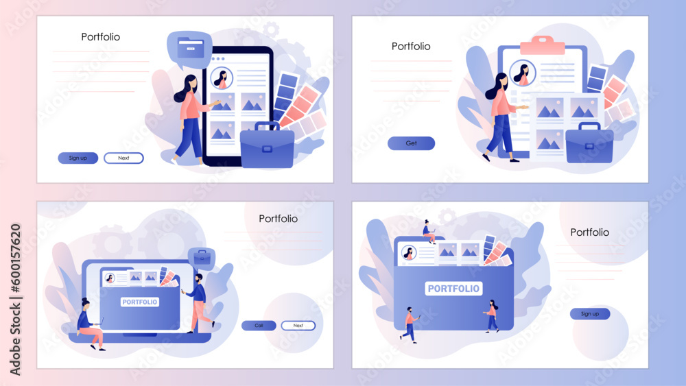 Portfolio concept. Briefcase with work gallery and file collection ...