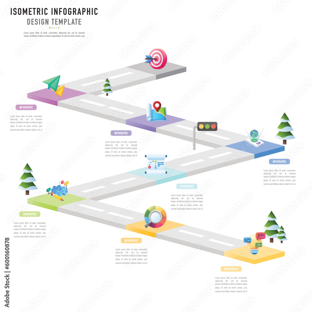 Rectangular isometric roadmap infographic template or element with 7 ...