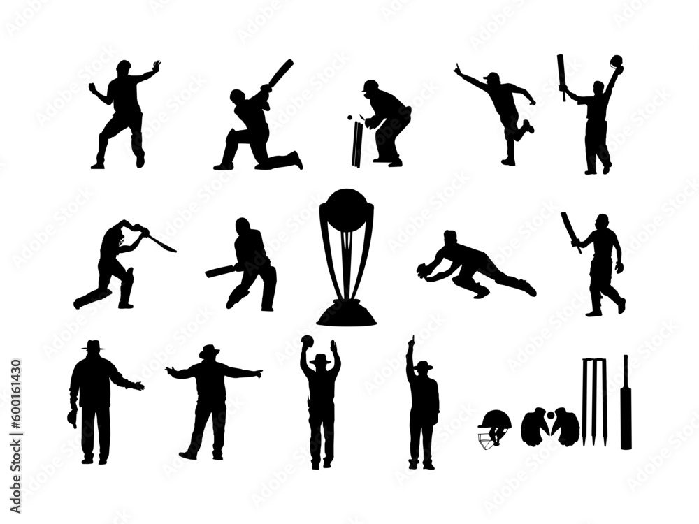 Cricket player silhouettes vector. Collection of cricket player ...