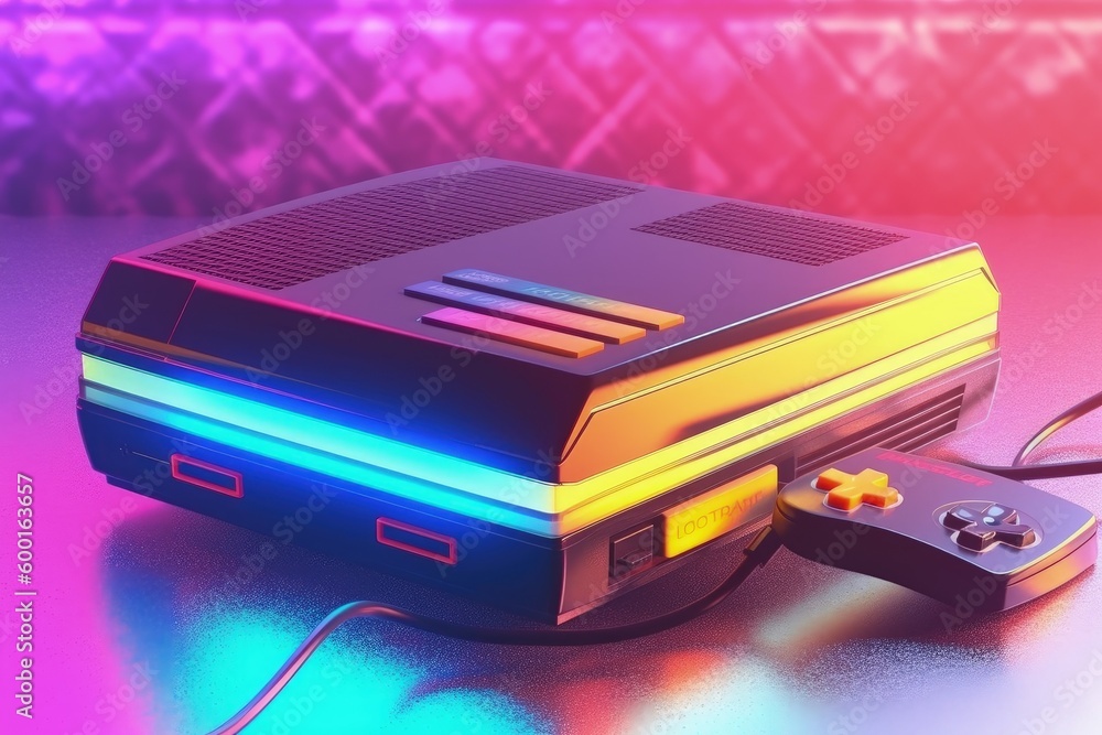 Old video game console, 80s and 90s, retro style, colorful background ...