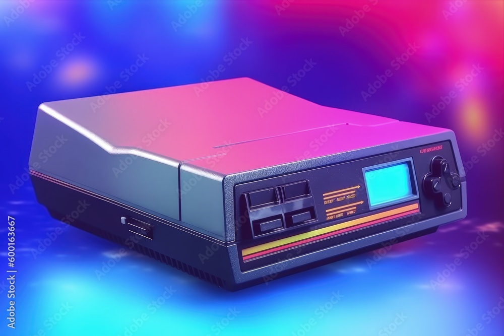 Old video game console, 80s and 90s, retro style, colorful background ...