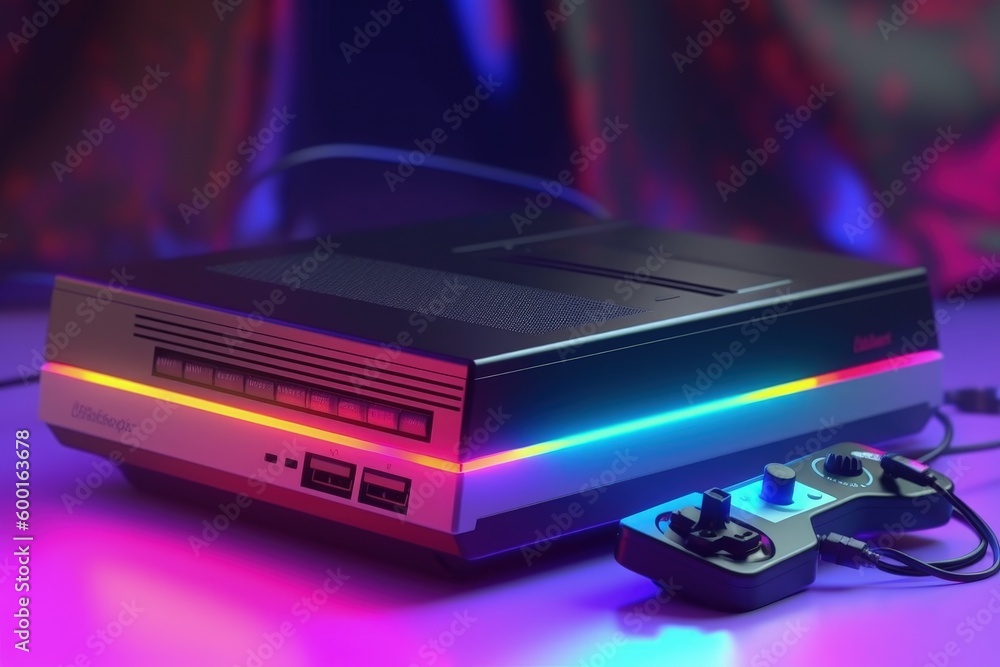 Old video game console, 80s and 90s, retro style, colorful background ...