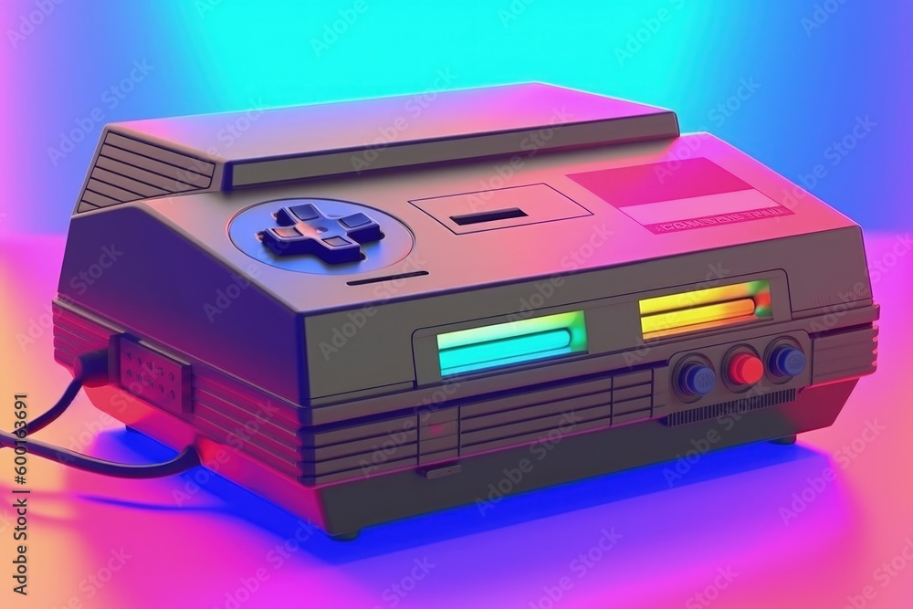 Old video game console, 80s and 90s, retro style, colorful background ...