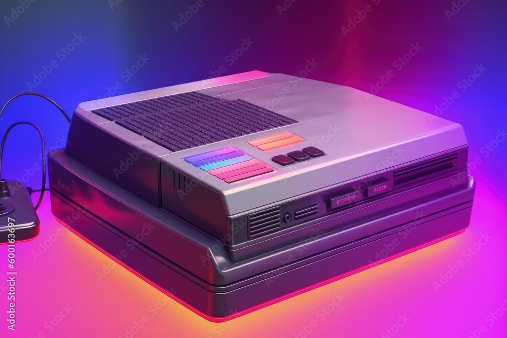 Old video game console, 80s and 90s, retro style, colorful background ...