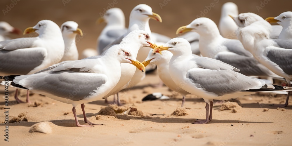 A group of seagulls fighting over a piece of bread on a beach, concept ...