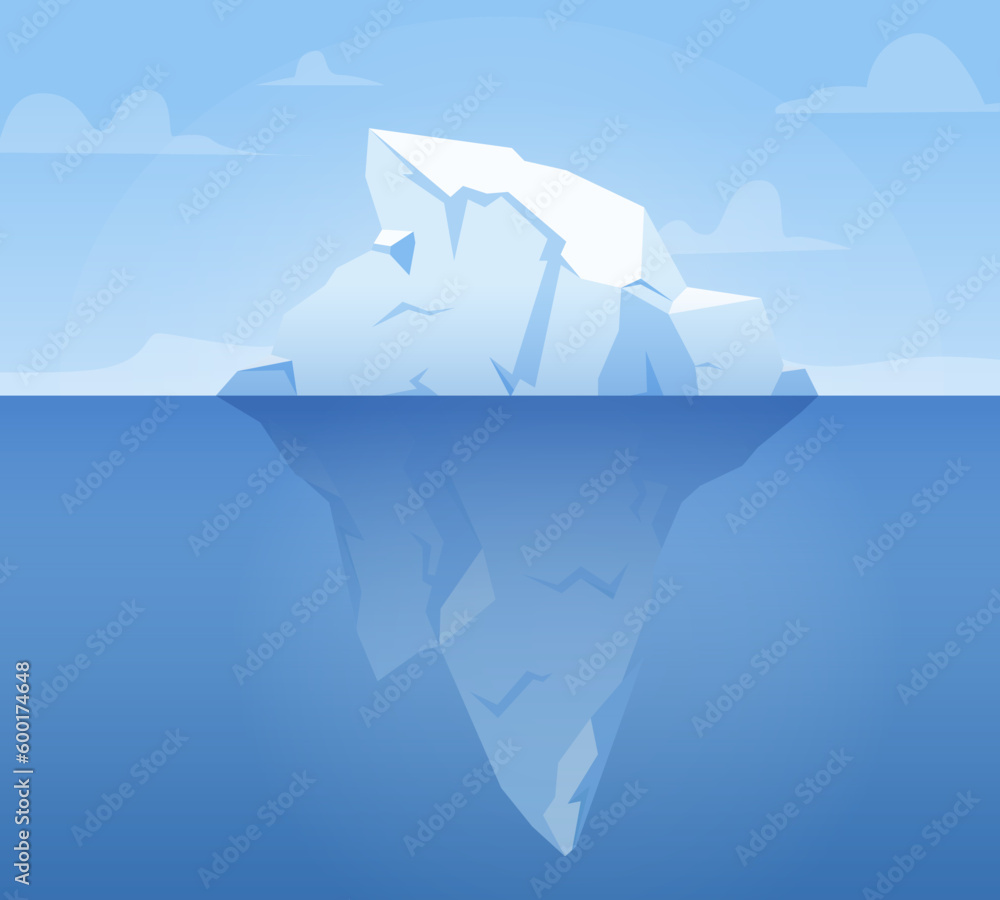Floating iceberg, huge glacier above and under water. White snow ...