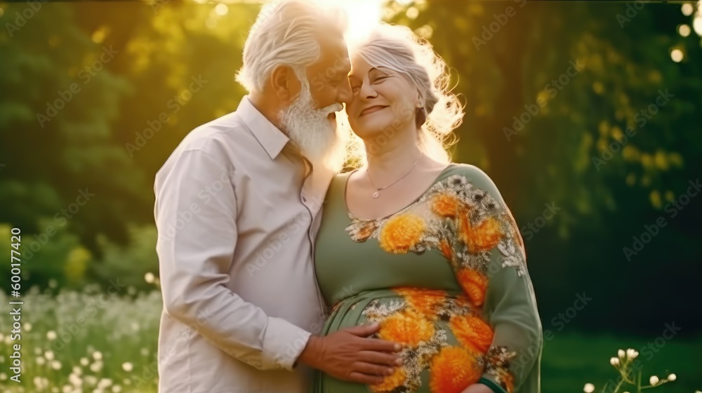 Happy smiling pregnant old couple hugging in green park, geriatric ...