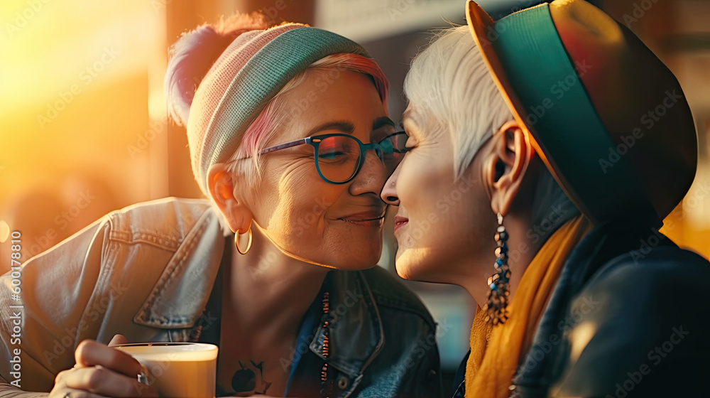 Old Smiling Lesbian Couple Kissing In Cafe And Having Fun Stylish 6751