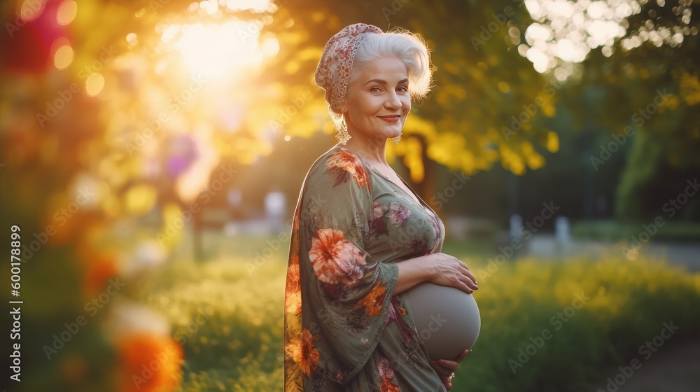Happy smiling pregnant old woman walking in green park, geriatric ...