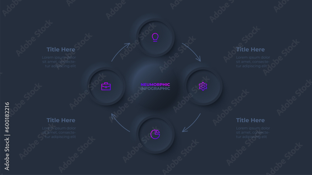 Dark neumorphic cycle diagram for infographic. Skeuomorph concept with ...