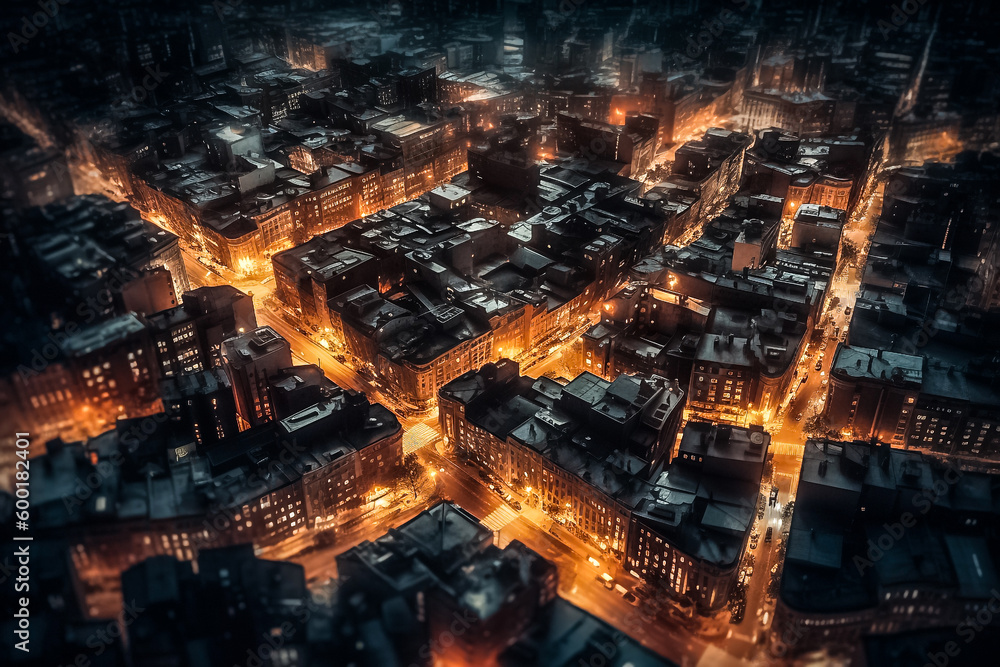 A mesmerizing aerial view of a futuristic cyborg city at night, with a ...