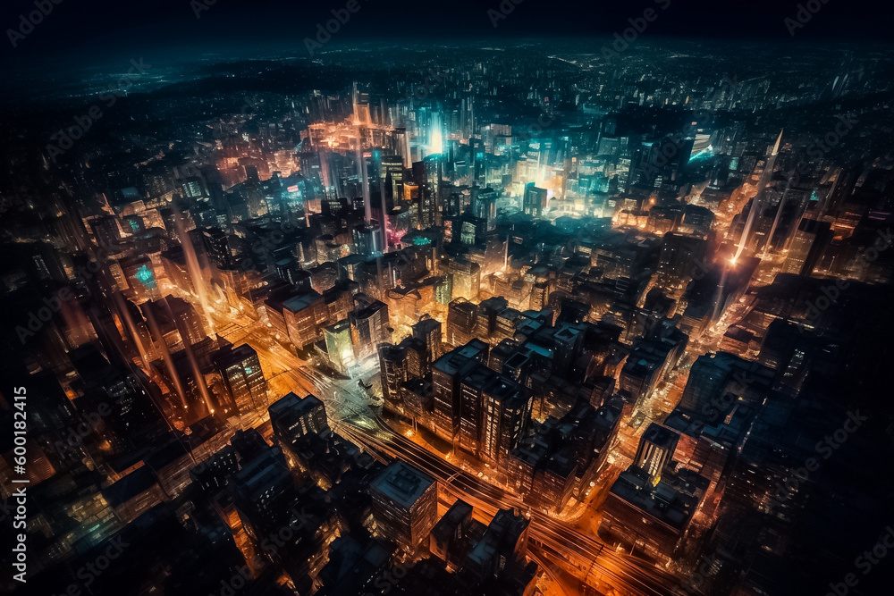 A mesmerizing aerial view of a futuristic cyborg city at night, with a ...