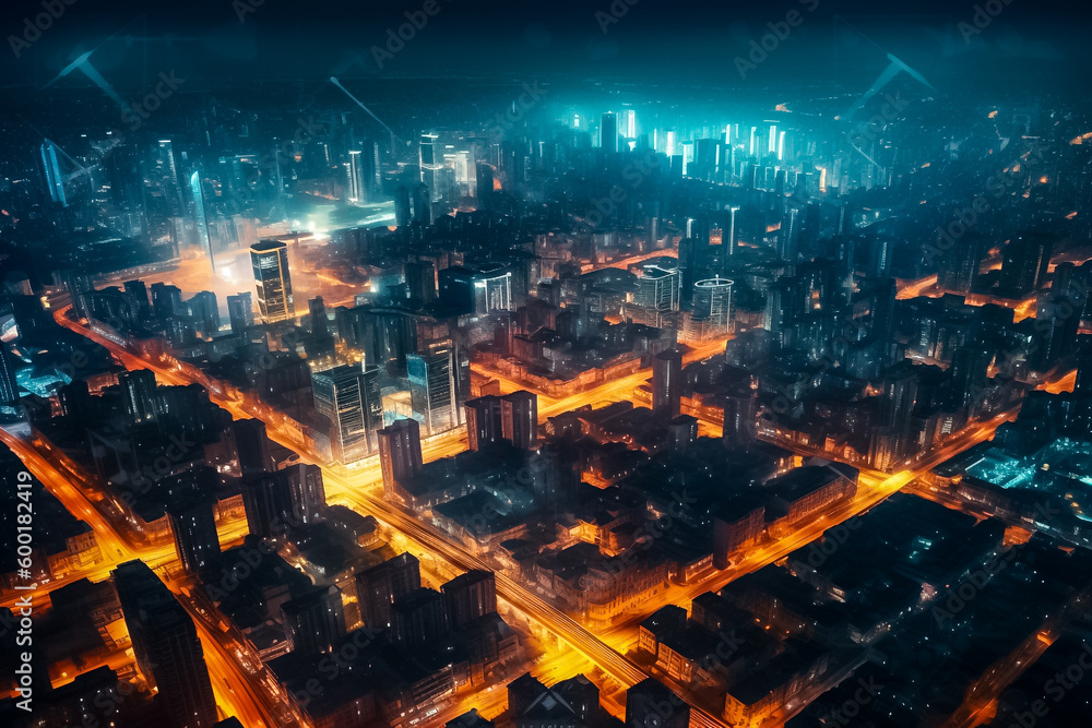 A mesmerizing aerial view of a futuristic cyborg city at night, with a ...