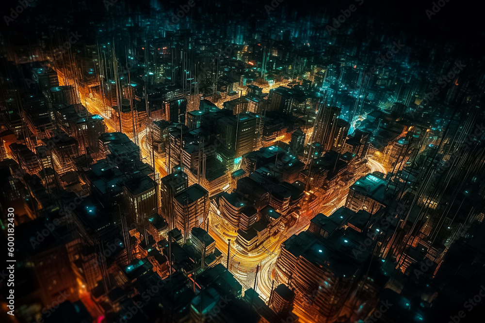 A mesmerizing aerial view of a futuristic cyborg city at night, with a ...