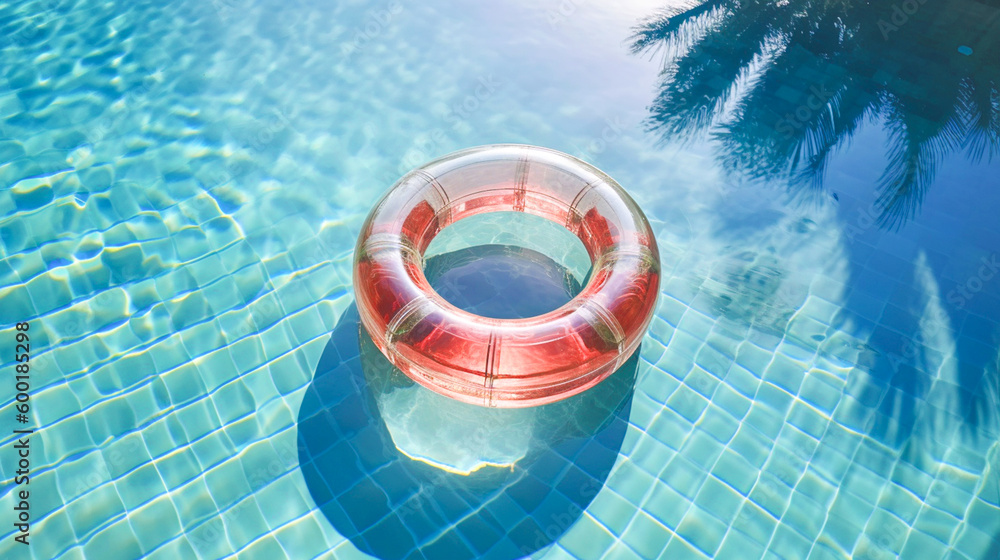 swimming pool in sunny day, summer background with colorful inflatable ...