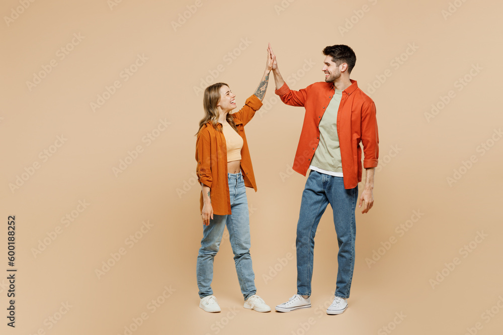 Full body young couple two friends family man woman wear casual clothes ...
