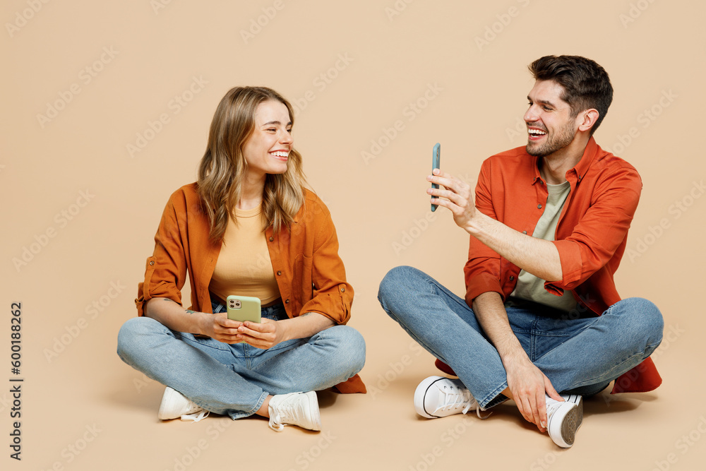 Full body young couple two friends family man woman wear casual clothes ...