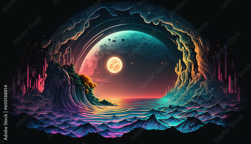 Rgb Neon wallpaper of the sea with a small Beach in front, In the Back ...