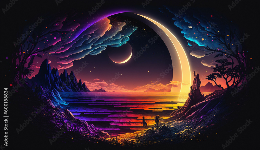 Rgb Neon wallpaper of the sea with a small Beach in front, In the Back ...