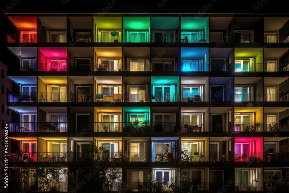 Bright colorful windows pattern at night. Front view facade of ...