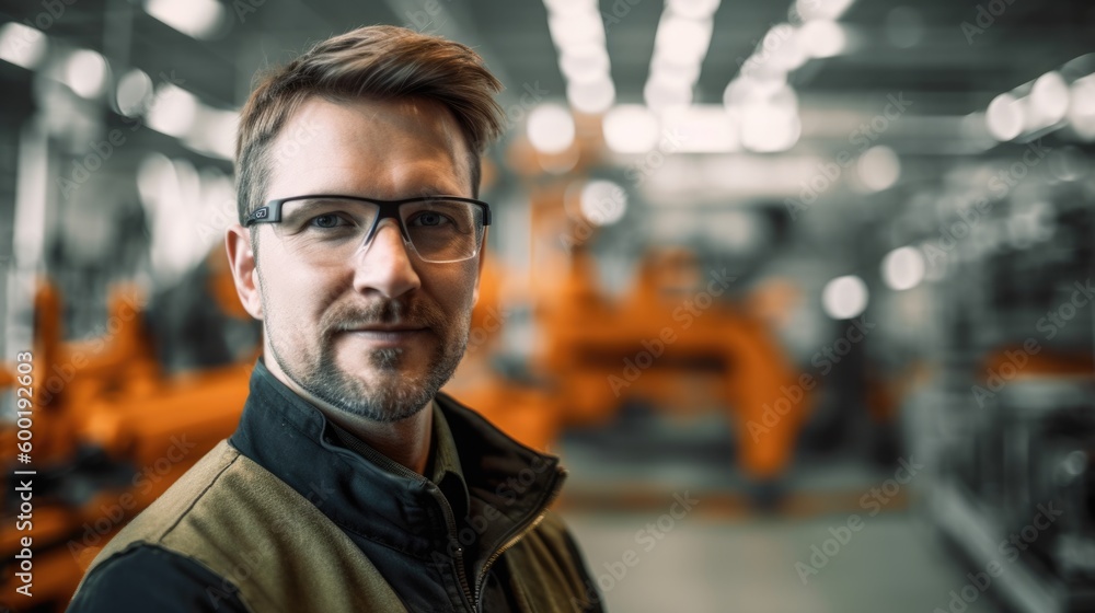 Blonde male engineer smiling, standing inside the smart factory with ...