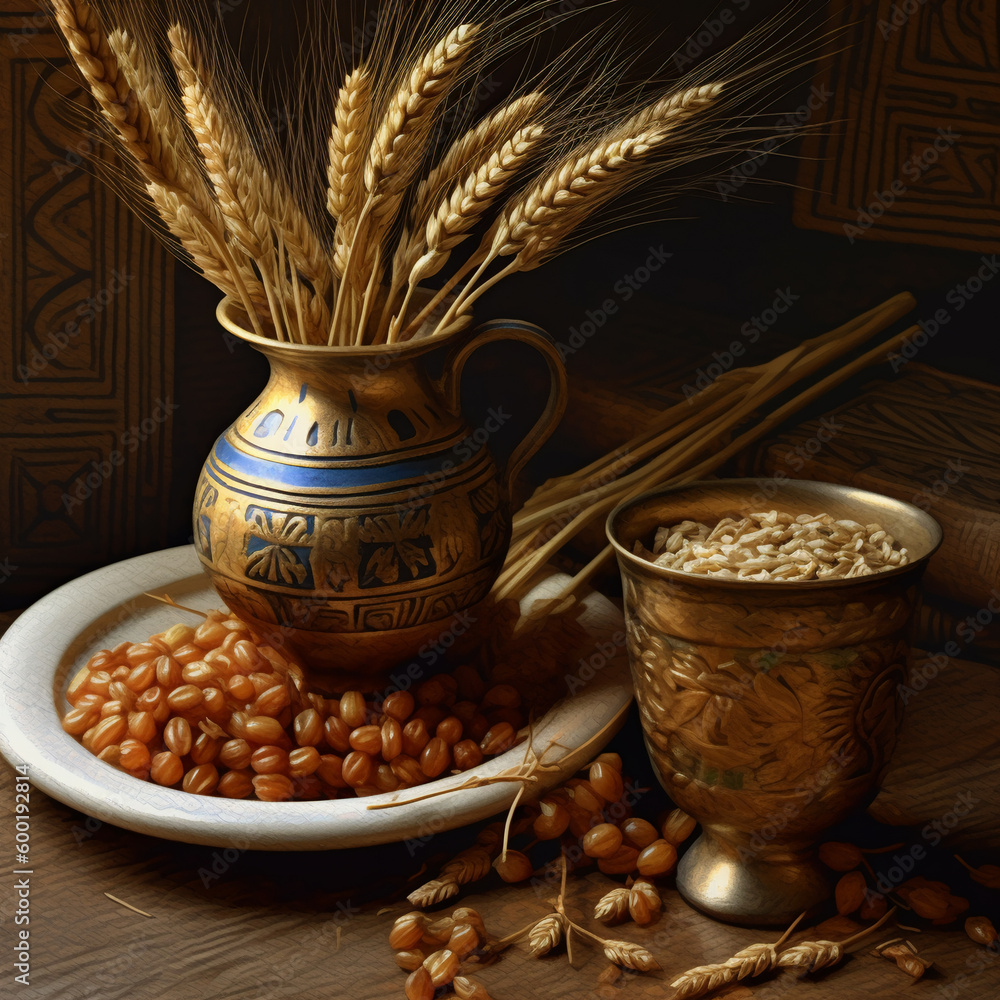 Still life of wheat grains and spikes in a ancient phoenician or ...