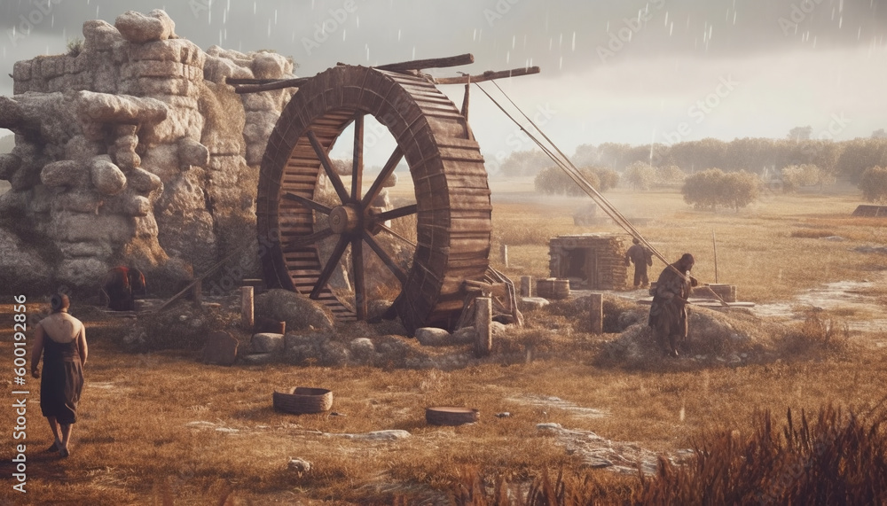 Pictorial landscape of an old mill with a blood wheel together a big ...