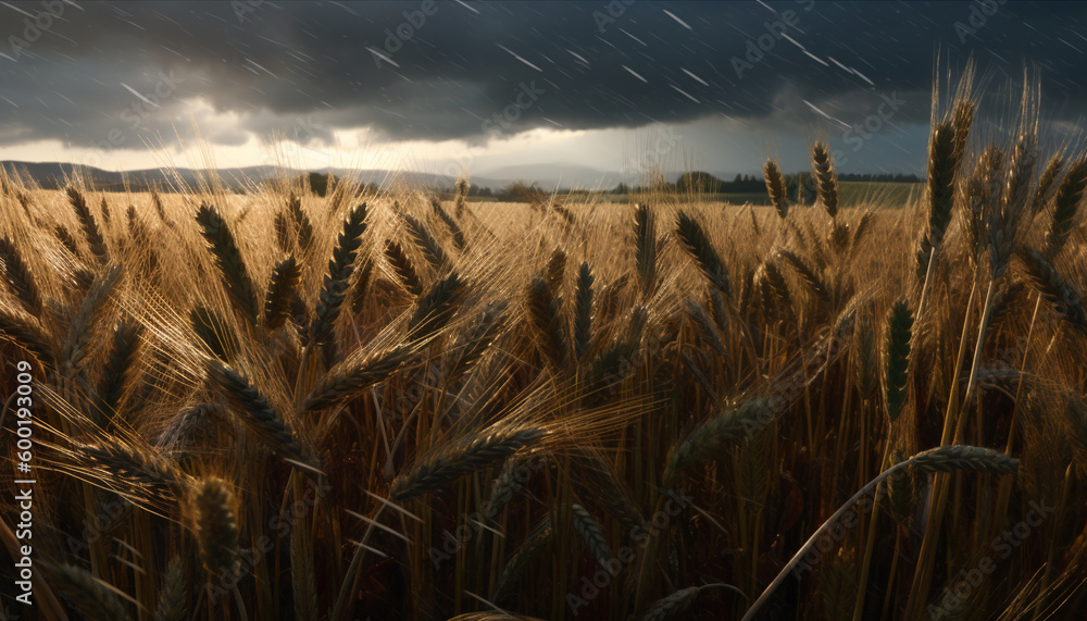 Artistic recreation of wheat spikes in a wheatfield plantation a cloudy ...