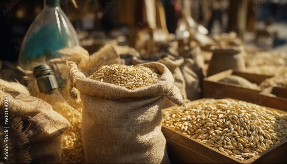 Recreation artistic of opened sacks and containers of grains wheat in ...