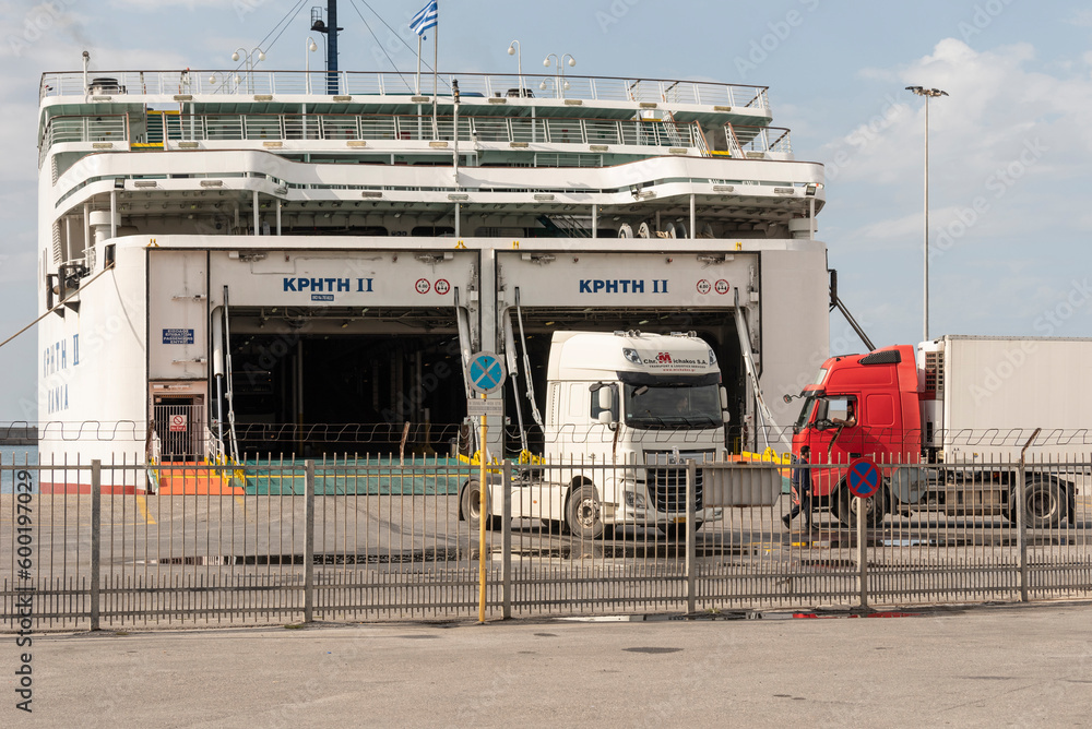 Heraklion Port, Crete, Greece, EU. 2023. Trucks loading and unloading a ...