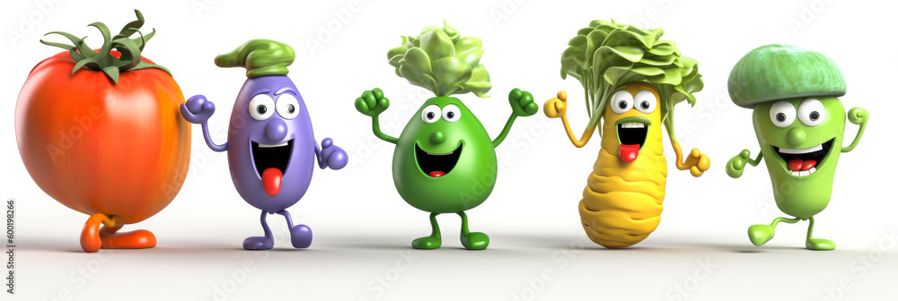 Cartoon characters in the form of vegetables with eyes, arms and legs ...