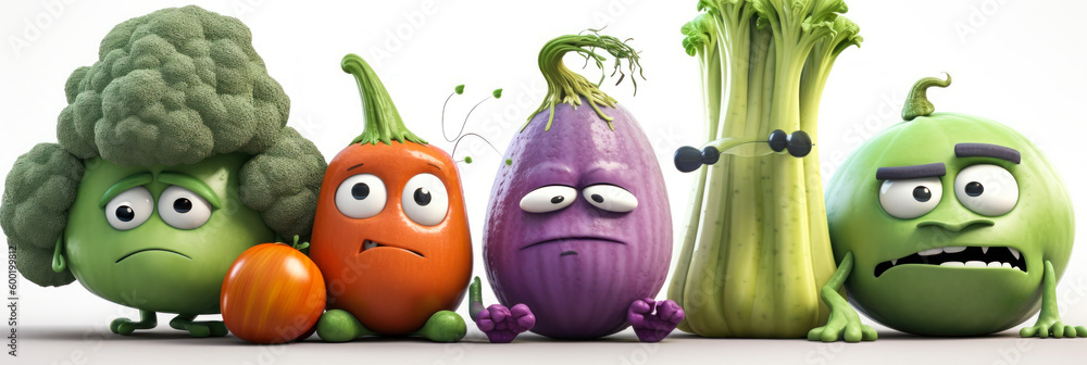 Vegetables in the form of sad cartoon mascots standing with arms and ...