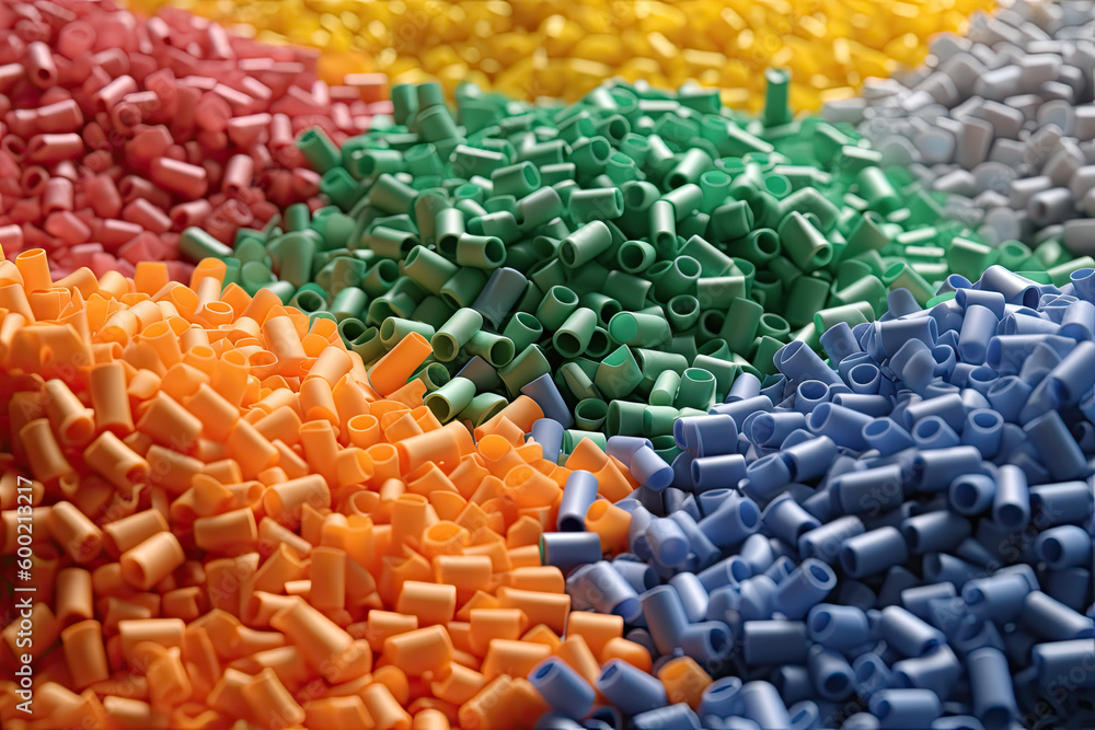 Recycled crushed plastic granules turned into new reused material ...