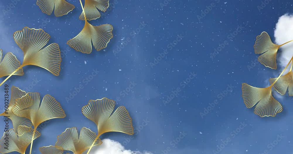 Animated Gold frame of Ginkgo biloba leaves isolated on snow sky ...